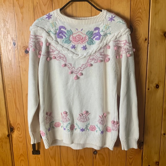 Vintage | Sweaters | Cottagecore Pastel Floral Cable Knit Sweater ...